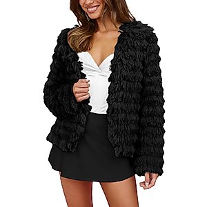PRETTYGARDEN Womens 2024 Winter Coats Fashion Faux Fur Long Sleeve Fleece Shaggy Lightweight Fall Cropped Jacket Outerwear (Black,Medium)
