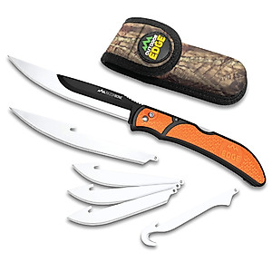 OUTDOOR EDGE RazorBone Replaceable Blade Folding Hunting Knife with Clip & Sheath. 3 Butcher Knife Blade Styles - Boning, Gutting, & Skinning Knives. Blaze Orange, Camo Sheath, 6 Blades & Blade Box