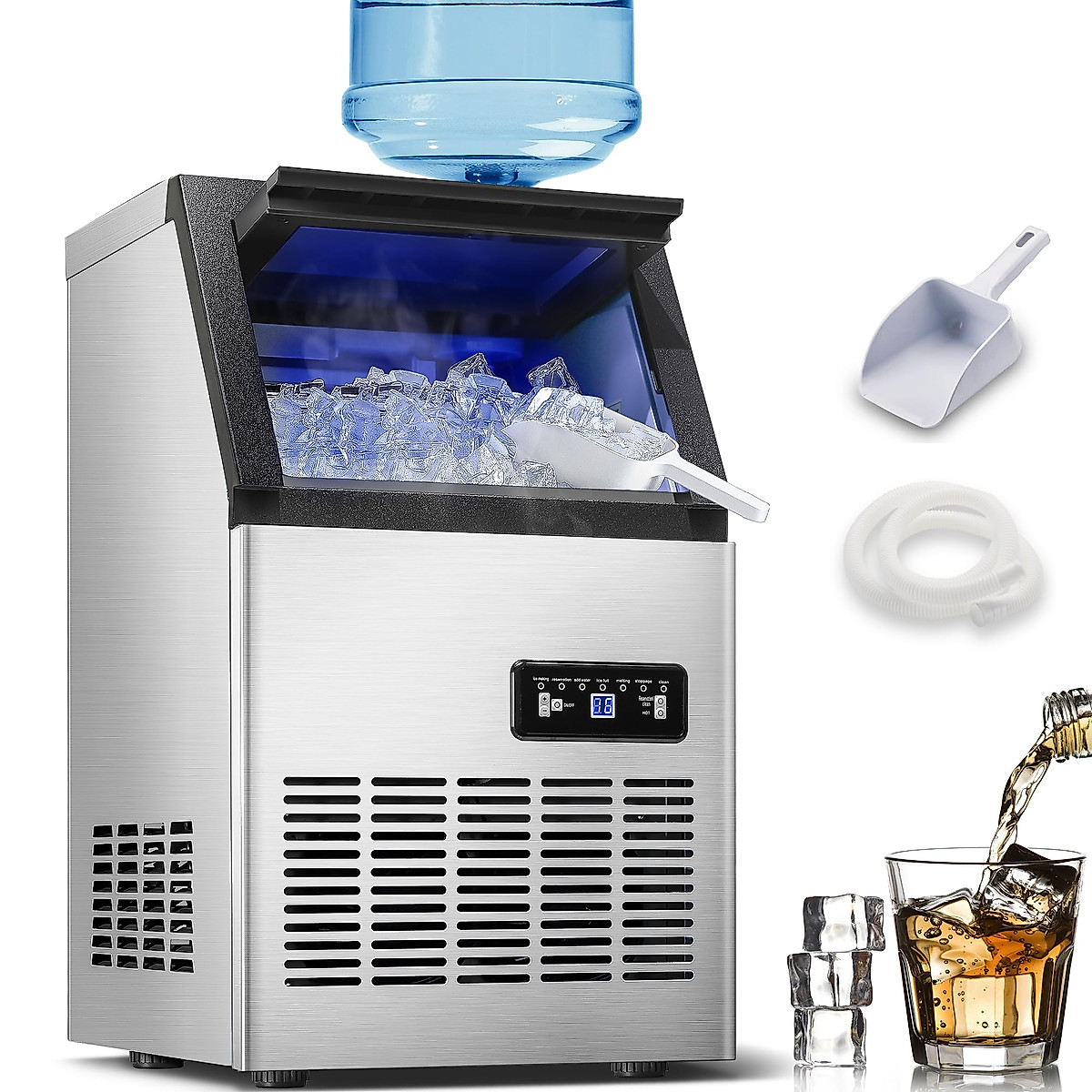 Zomagas Commercial Ice Maker Machine,110LBS/24H Ice Maker, Stainless Steel Freestanding Ice Machine with 28LBS Storage Capacity, Self-Cleaning, 2 Water Inlet Modes,Ideal for Restaurant,Home,Bar