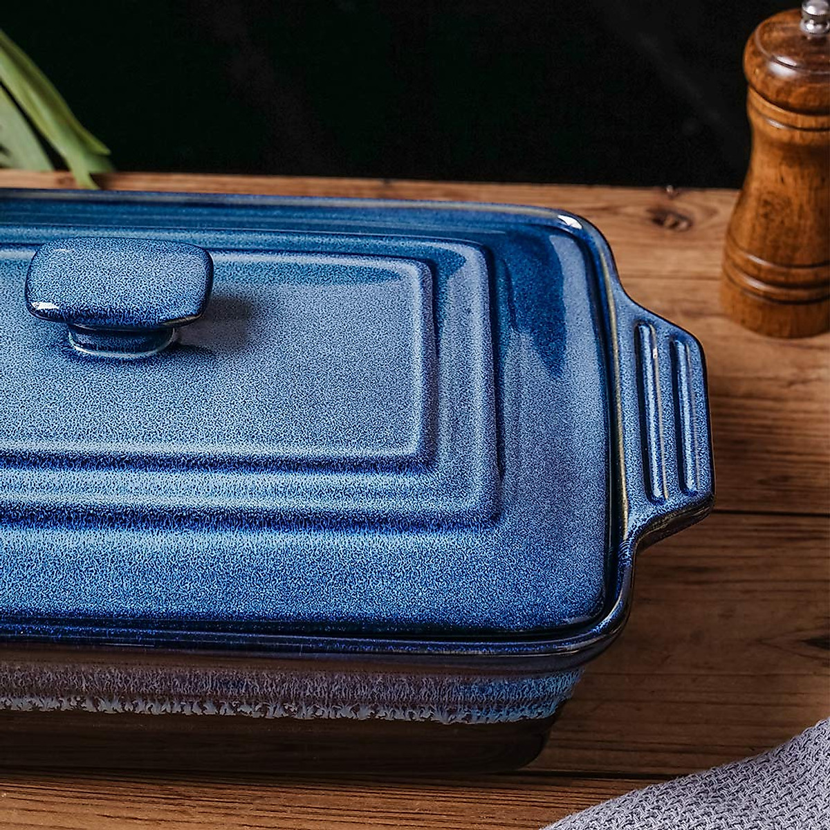 KOOV Ceramic Casserole Dish with Lid, Covered Rectangular Casserole Dish Set, Lasagna Pans with Lid for Cooking, Baking dish With Lid for Dinner, Kitchen, 9 x 13 Inches, Reactive Glaze (Nebula Blue)