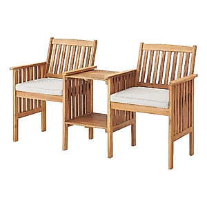 Bristol Acacia Wood Outdoor Double Seat Bench, Attached Table, Weather-Proof, Natural Finish, Porch, 60 in. W x 23 in. D x 35 in. H, Seat: 19 in. W x 17 in. D x 18 in. H, Table: 15 in. W x 18 in. D