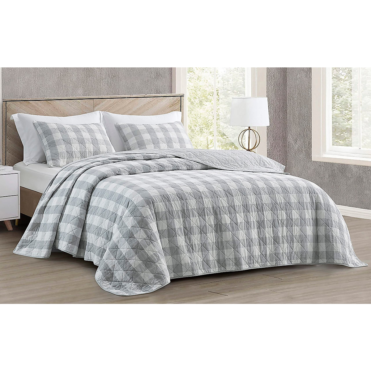 Chezmoi Collection 3-Piece Gray White Plaid Cotton Quilt Set - Buffalo Check Solid Reversible Bedspread - Pre-Washed Cotton Lightweight Coverlet, King Size