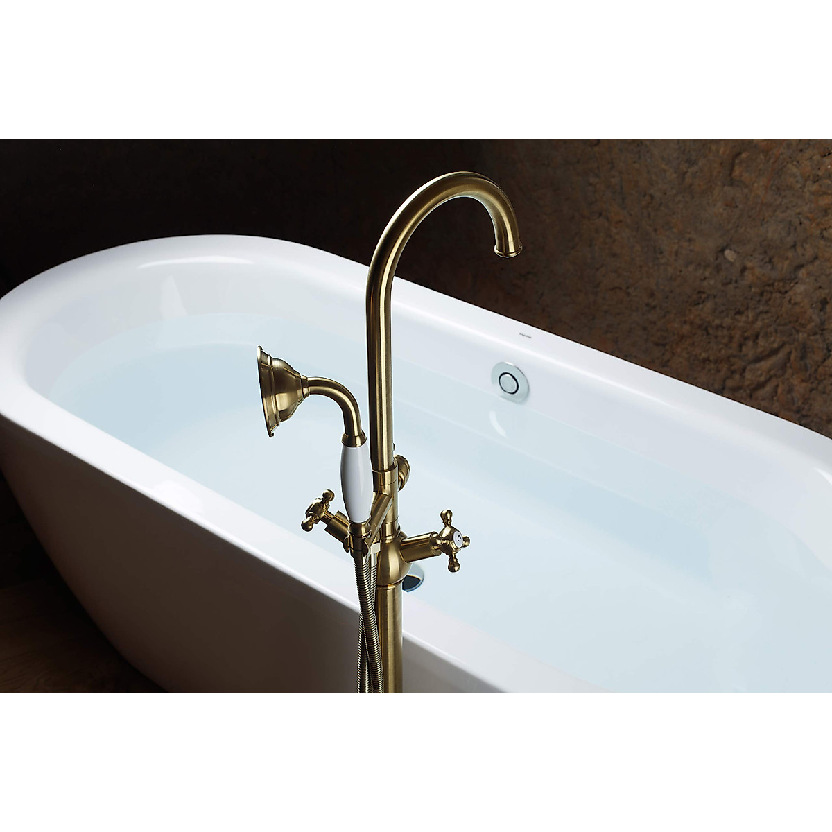 SITGES Solid Brass Freestanding Bathtub Faucet, Bathroom Floor Mount Tub Filler, Dual Function Double Cross Handle with Ceramic Hand Shower, Brushed Gold