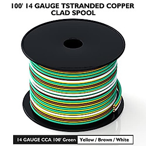 DOAUTO 100Foot Bonded 4-Way Trailer RV Camper Towing Boat Wiring Harness Wire Spool, Primary 4-Wire 14 Gauge Copper Trailer RV Wire, Ideal for All Basic Wiring Needs(Green, Yellow, Brown, White)