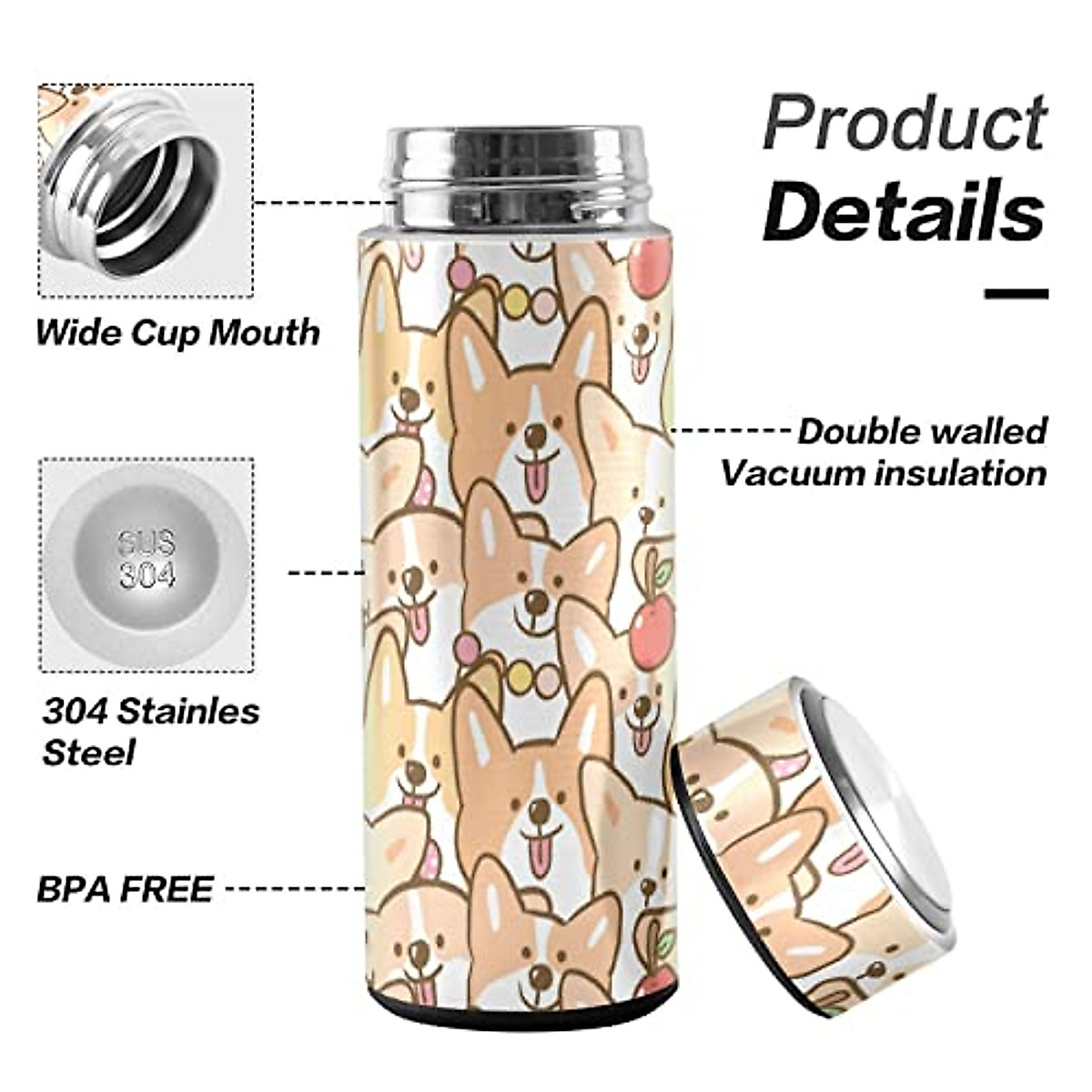 CaTaKu Cute Dog Corgi Water Bottle Insulated 16 oz Stainless Steel Flask Thermos Bottle for Coffee Water Drink Reusable Wide Mouth Vacuum Travel Mug Cup