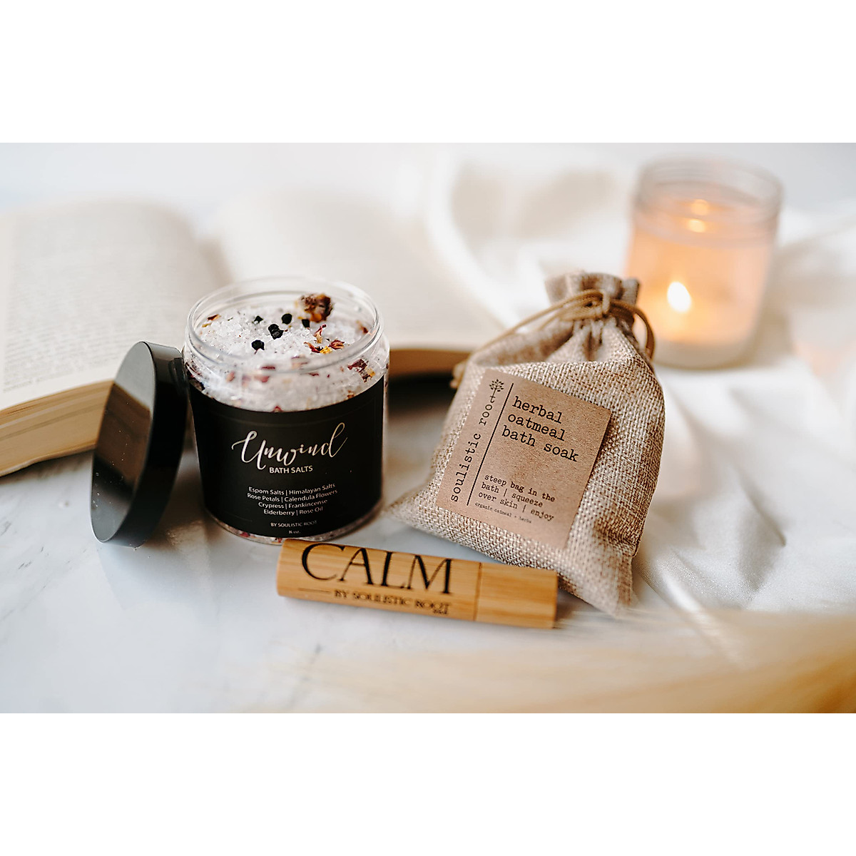 Relaxing Bath Gift Set For Women, Mothers Day Spa Gifts, Self Care Products For Women, Calm Essential Oil Roller, Oatmeal Lavender Bath Soak And Epsom Salts With Essential Oils, By Soulistic Root