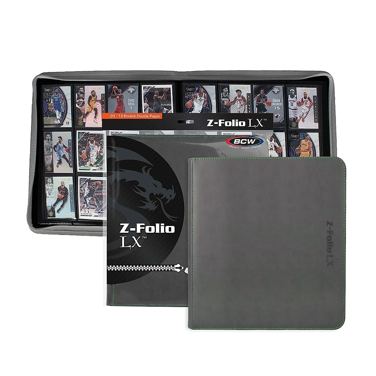 BCW Z-Folio LX Zipper Portfolio - Premium Gray Leatherette 12-Pocket Playset Album - Secure Zipper - 480 Card Capacity - Card Collector's Dream - Card Organizer - Trading Card Storage