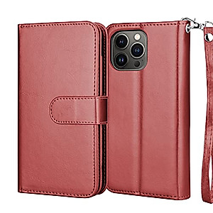 NJJEX Wallet Case for iPhone 14 Pro 6.1" 2022, for iPhone 14 Pro Case, [9 Card Slots] PU Leather ID Credit Holder Folio Flip [Detachable] Kickstand Magnetic Phone Cover & Lanyard [Wine Red]