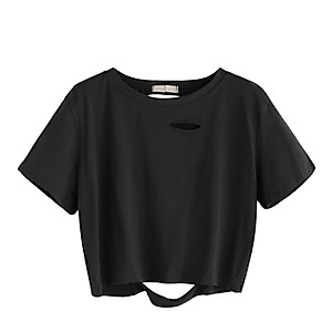 SweatyRocks Women's Summer Short Sleeve Tee Distressed Ripped Crop T-shirt Tops Black M