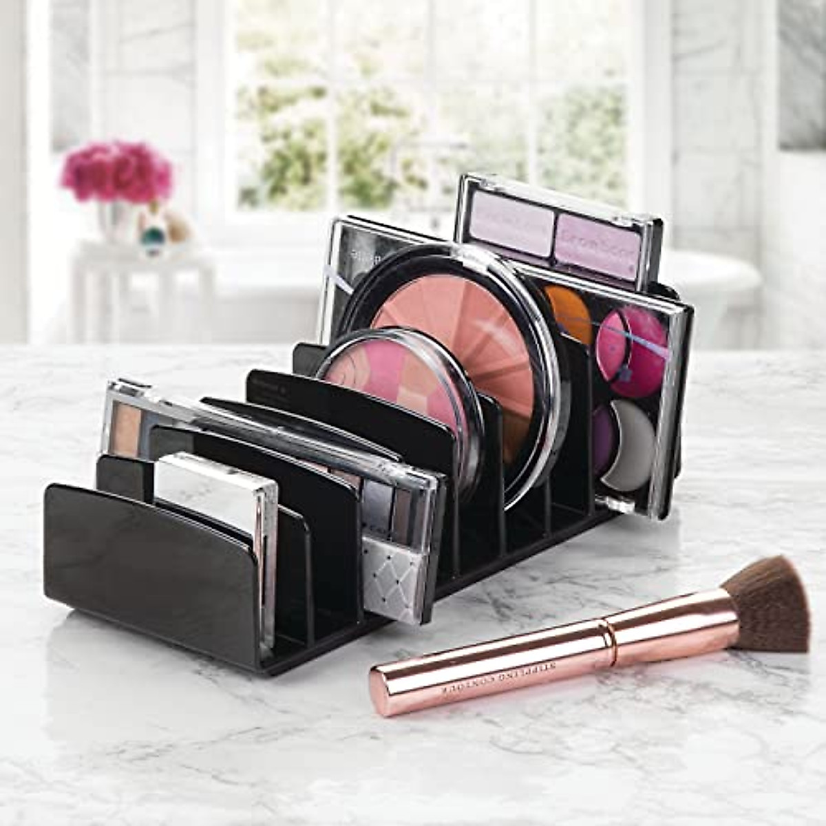 mDesign Plastic Divided Cosmetic Palette Organizer with 9 Sections - Makeup Storage for Bathroom Vanity, Cabinet, Drawer - Holds Eyeshadow, Blush, Powder - Lumiere Collection - Black