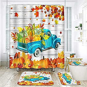 Tayney Truck with Harvest Pumpkin Shower Curtain Sets with Toilet Lid Cover and Non-Slip Rugs, Watercolor Autumn Maple Leaves 4 Pcs Shower Curtains for Bathroom, Vintage Fall Farmhouse Bathroom Decor