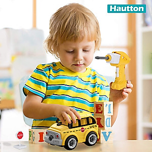 Hautton Take Apart Toy Remote Control School Bus with Toy Drill, Kids STEM Building Learning Toys Gift for Boys Girls 3-7 Years Old