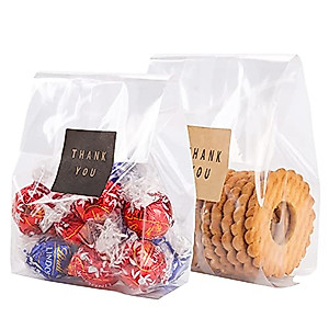 LOKQING Cellophane Treat Bags Cookie bags for Packaging Clear Gift Bags with Stickers for Cookies,Candy,Chocolates（Clear,9x4 INCH)