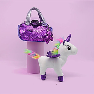 PASSIONFRUIT Unicorn Stuffed Plush Animal Toy Set with Purse Necklace & Bracelet - Plush Unicorns Birthday Gifts for Girls - Unique Rainbow Unicorn Stuffed Pet for Age 3 4 5 6 7 yrs. (Purple)