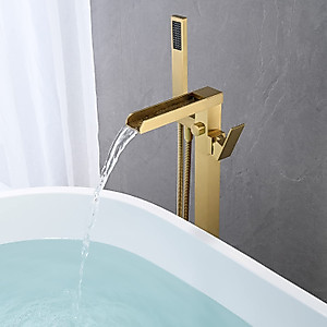 Wowkk Freestanding Bathtub Faucet Brushed Gold Waterfall Tub Filler Floor Mount Brass Single Handle Bathroom Faucets with Hand Shower
