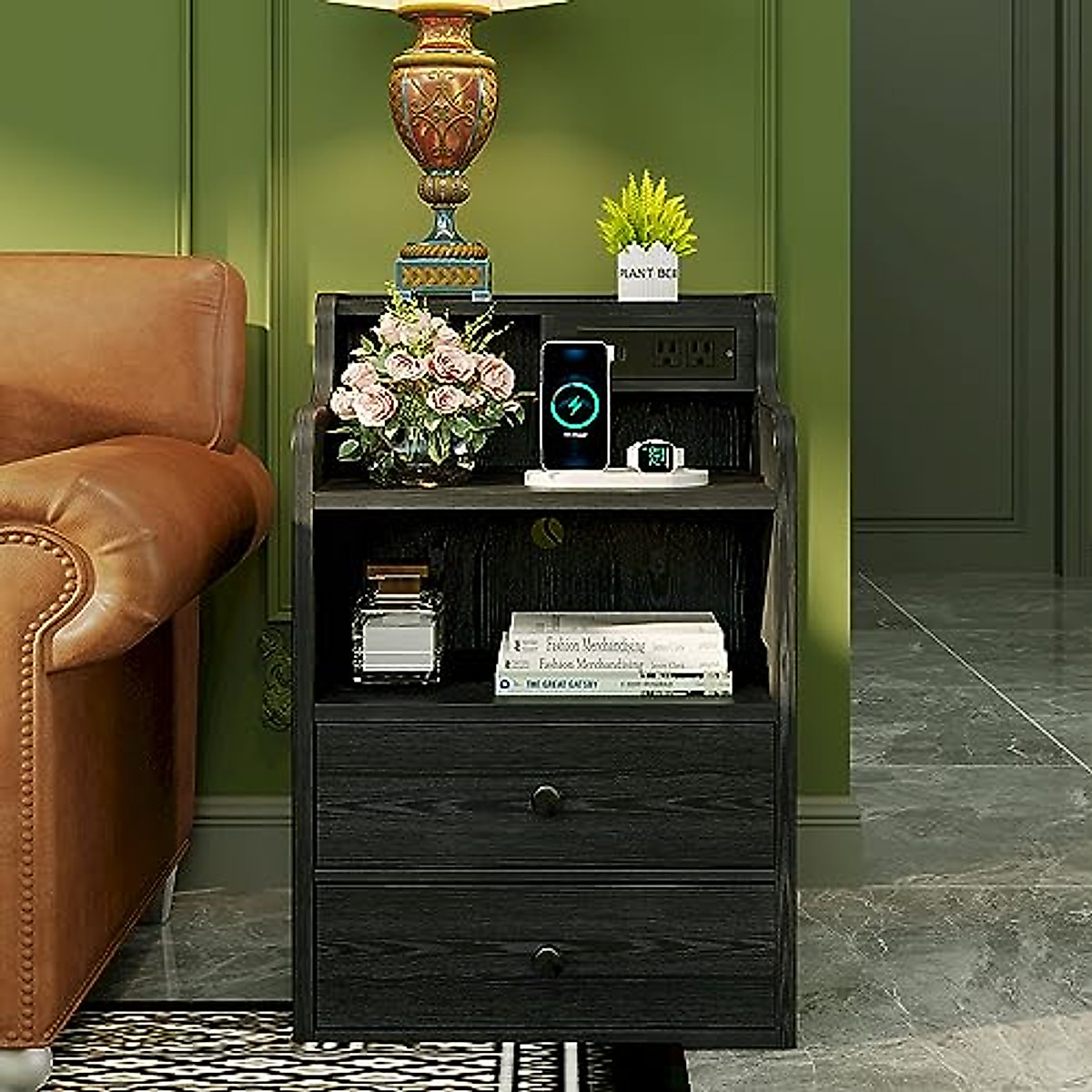 LIKIMIO Black Nightstand with LED Charging Station 2 Drawers and Storage Shelves, Left and Right Interchangeable Sockets Bed Side Table Night Stand with Drawer