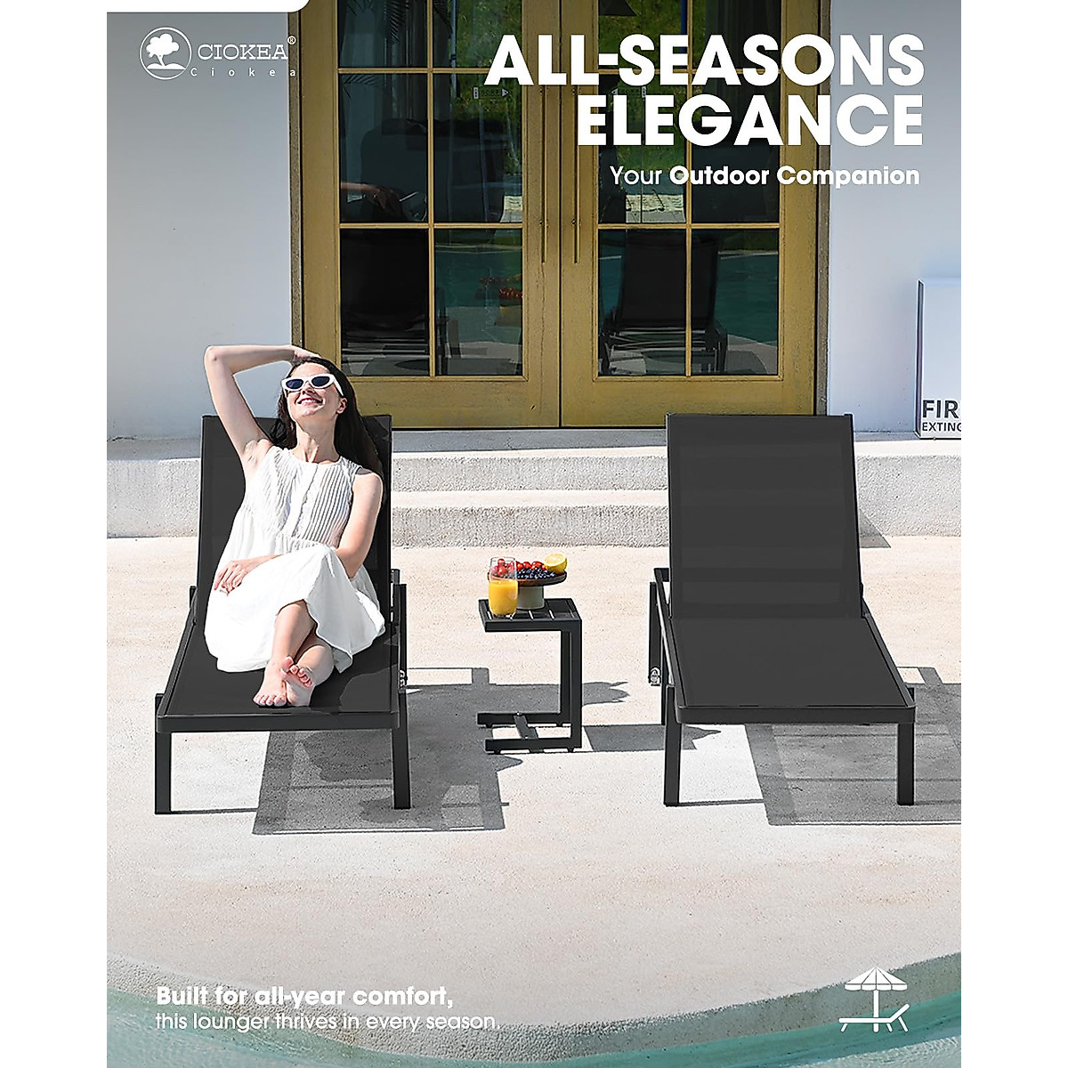 Aluminum Chaise Lounge Chair Outdoor with Wheels, Patio Lounge Chair with Adjustable 5-Position Recliner and Full Flat Tanning Chair for Patio, Beach, Pool, Black