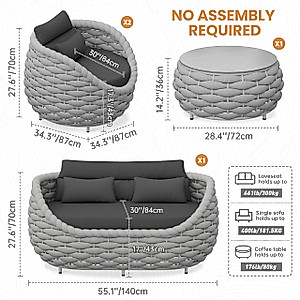 Erotr 4 Pieces Assembled Patio Conversation Sets, Hand Woven Rope Outdoor Furniture Sofa Set - Aluminum Modern Cushions Couch Armchair Table Set - All Weather for Indoor Deck Porch Backyard Hotel