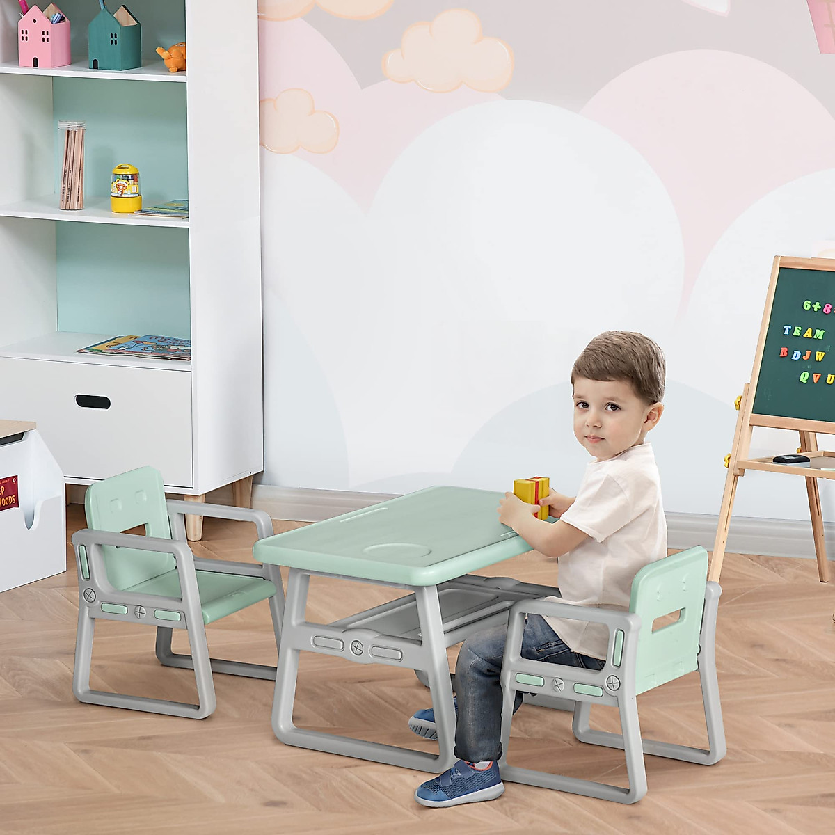 Qaba 3-Piece Kids Table and Chair Set Writing Desk with Armrest, Storage Space for Toddler Activities, Green