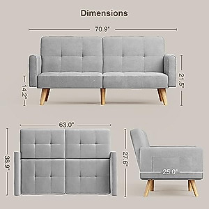 Gizoon 70.9" Sleeper Sofa Chair Bed, Futon Couch, Mid Century Modern Loveseat, Sectional Couches for Living Room, Bedroom, Apart, Office, 3-Level Adjustable Backrest, Light Gray
