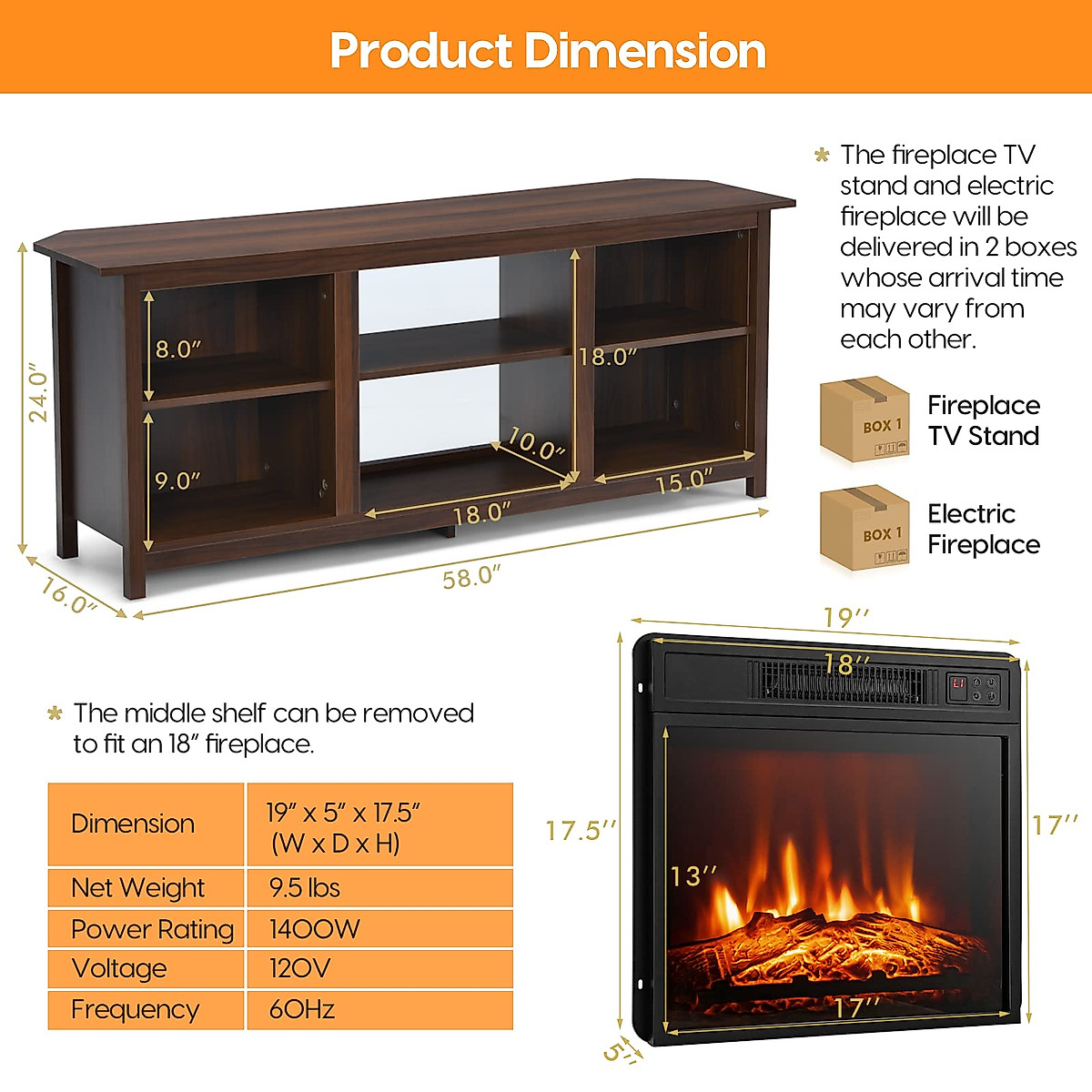 Electric Fireplace TV Stand for 65 Inch TV, 58 Inch Farmhouse Entertainment Center with 18" Fireplace, 6H Timer & Remote Control, 4 Storage Cabinet, Brown