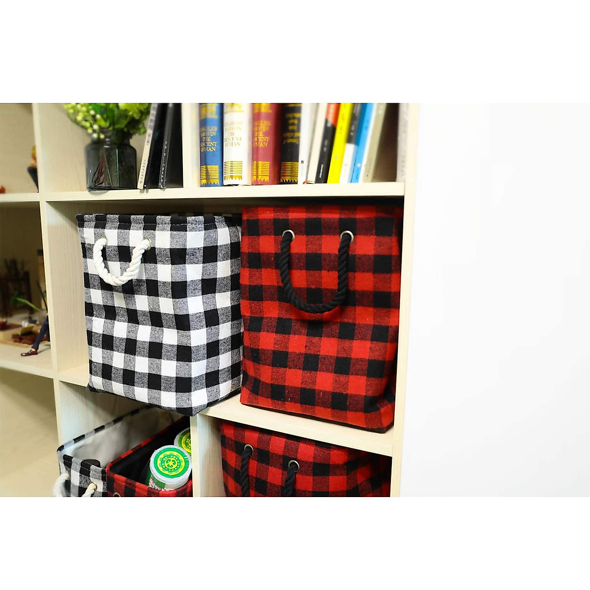 Large Rectangular Decorative Storage Bins Foldable Laundry Hamper Baskets Buffalo Grid Pattern with Rope Handles for Blankets, Toys, Nursery, White Black Grid, L