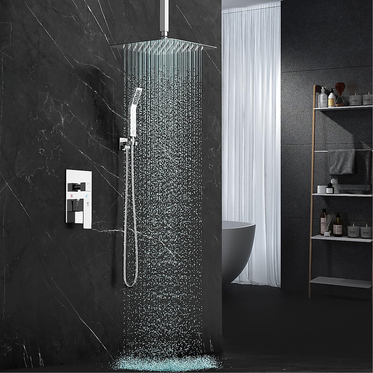 SR SUN RISE SRSH-C1003 Ceiling Mount Bathroom Luxury Rain Mixer Shower Combo Set Rainfall Shower Head System 10 Inch Polished Chrome (Contain Shower Faucet Rough-In Valve Body and Trim）