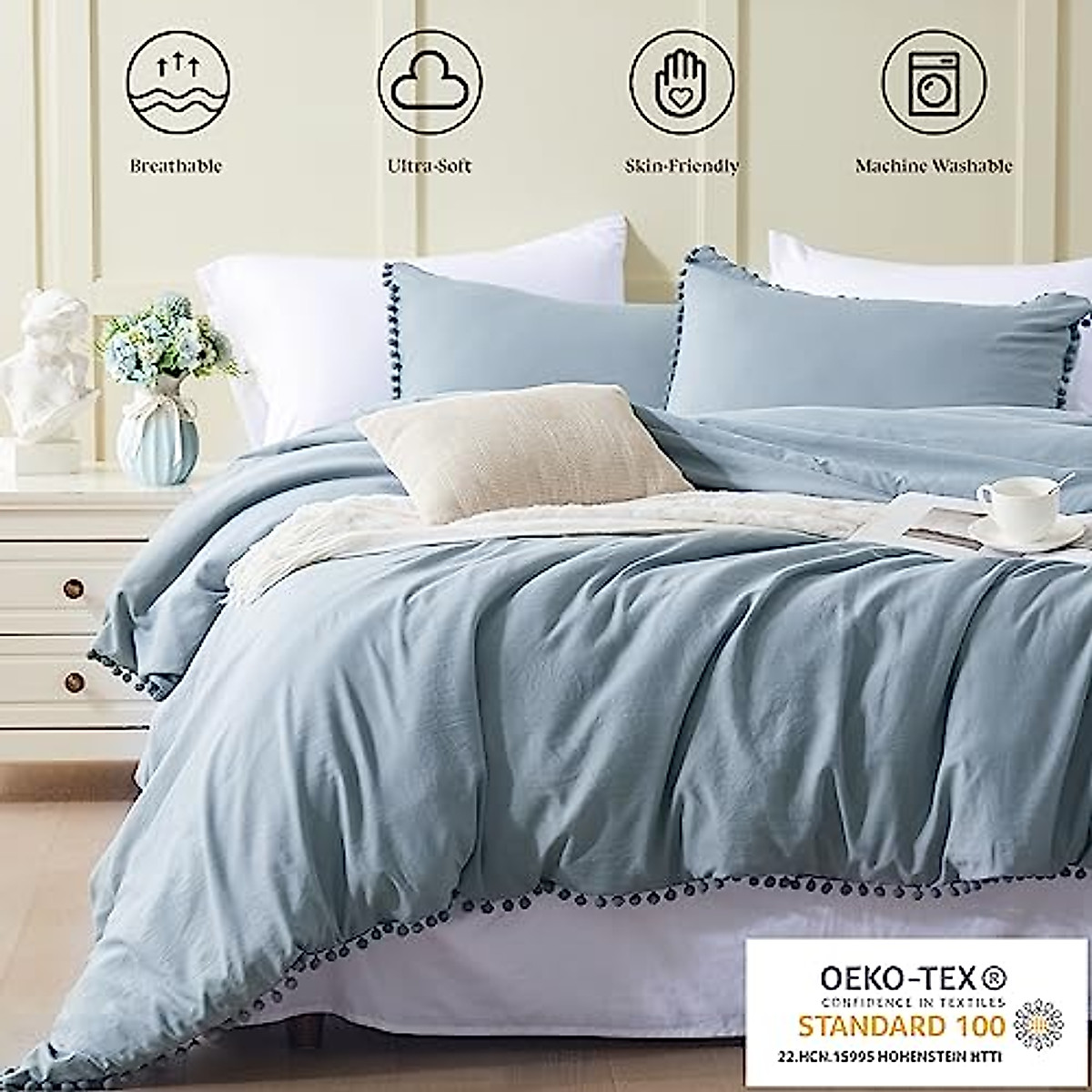 Newspin Duvet Cover Queen Size Pom Pom Fringe Blue,3Pcs Soft Breathable 100% Washed Microfiber Boho Bedding Duvet Cover Set with Zipper Closure,1 Duvet Cover(90"X90") and 2 Pillow Shams(No Comforter)