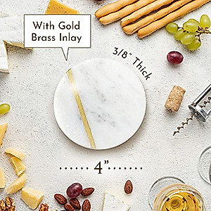 Marble Coasters for Drinks , Gold Coasters Set of 6 with Gold Holder , 4" Wide Modern Round Table Coasters with Gold Brass Inlay , Gold Coasters Made from Real Solid Marble , Porta Vasos