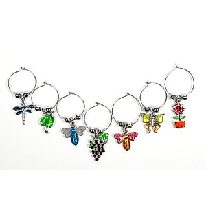 Cork & Leaf Flowers & Insects Wine Glass Markers - Set of 7, Wine Charms, Wine Accessories and Gifts, Drink Markers, Wine Glass Charms, Includes a Black Sateen Storage Bag