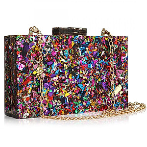 Women Sequin Acrylic Clutch Box Crossbody Bag Handbag Bridal Party Cocktail Evening Clutch Purse (Multi-colored)