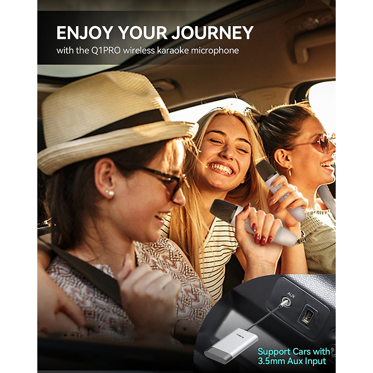 Handheld Microphone for iPhone, Rechargeable Bluetooth Microphone Wireless with 3.5mm Aux Jack Receiver, Car Karaoke Duet Mic with Portable Case for Adults Outdoor Party, Car Travel (2 Mics+1 Case)