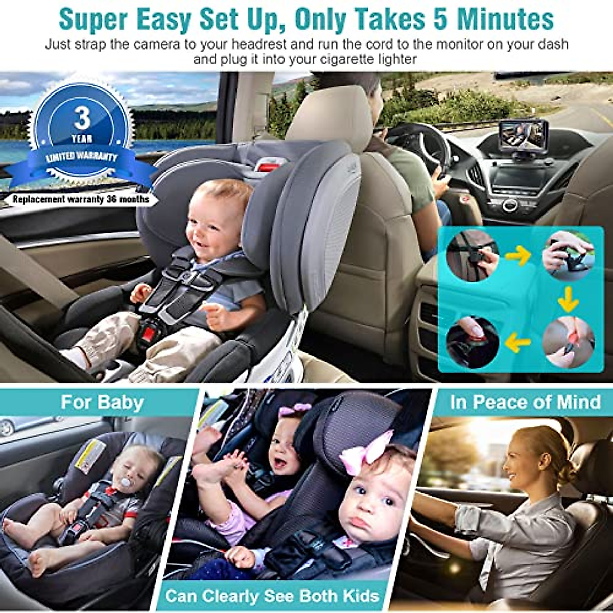 Rohent Baby Car Camera HD 1080P - 360° Rotating Crystal Night Vision Car Baby Monitor with Camera Rear Facing Infant Carseat Camera Backseat 3 Mins Easy Installation N06