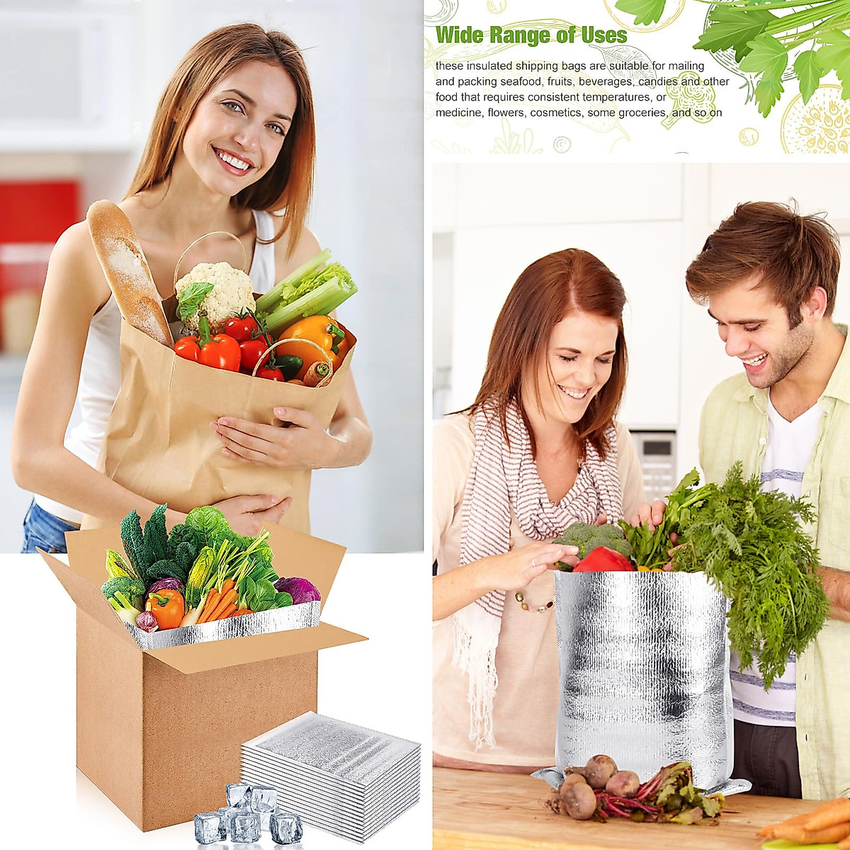 QLOUNI 25 Pcs Reusable Insulation Bags Self-seal Thermal Box Liners Metalized Box Liners Lunch Food Box Packing Pouches Insulation Lining Waterproof Insulation Grocery Delivery Package, 11.8"x13.8"