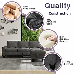 Sectional Sofa L-Shaped Couch, Snowflake Fabric Couch for Living Room with Reversible Storage Chaise & Side Storage Pockets, 3-Seat Sofa for Living Room/Apartment/Dorm/Office/Small Space (Gray)