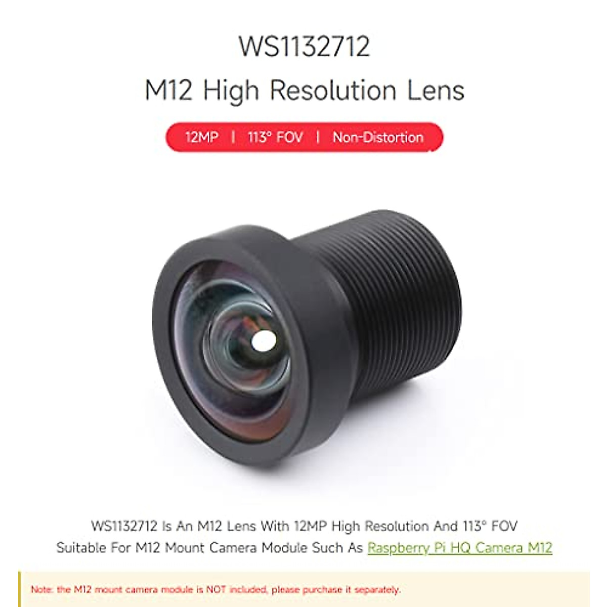 waveshare M12 High Resolution Lens, 12MP, 113° FOV, 2.7mm Focal Length, Compatible with Raspberry Pi Camera M12