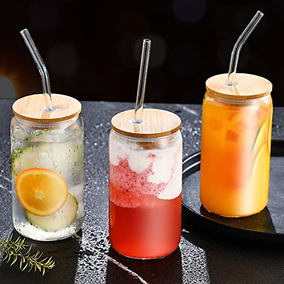 CAKRETY Glasses with Bamboo Lids and Glass Straw 4pcs Set, 16oz Can Shaped Glass Cups, Beer Glasses, Iced Coffee Glasses, Soda, Gift 2 Cleaning Brushes