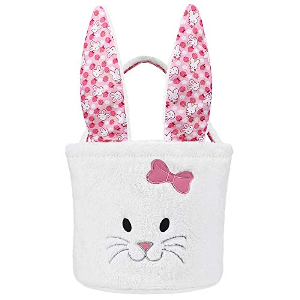 Easter Eggs Basket, Fluffy Bunny Baskets Cute Plush Rabit Basket with Foldable Bunny Ears, Easter Egg Hunts Easter Theme Party Supplies for Boys Girls (Pink)