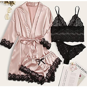 Women's Sleepwear Pajamas 4 Piece Pajama Set Long Sleeve Satin Floral Lace Cami Top Lingerie Pajama Set with Robe (Pink, Medium)