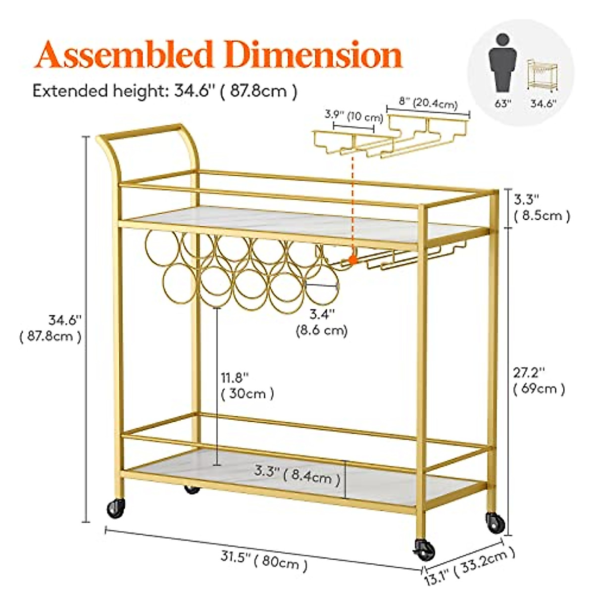 Lifewit Bar Cart, Home Bar Serving Cart, 2 Tier Drink Cart with 9 Wine Bottle Racks, Liquor Beverage Cart for Kitchen Dining Living Room Outdoor, 31.5" x 13" x 34.6", Gold
