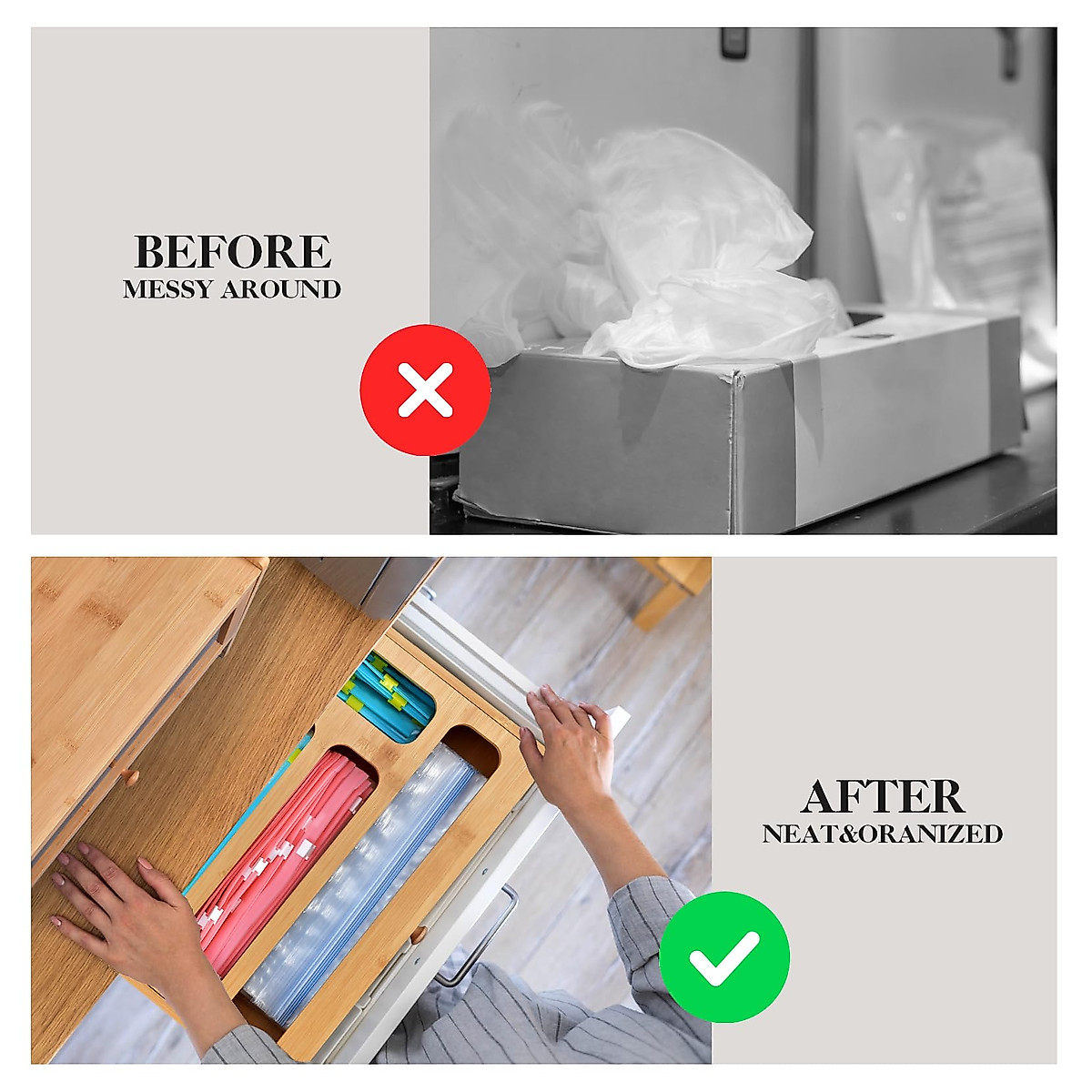 Bamboo Bread Box with Storage Bags Organizer, Corner Bread Box for Kitchen Countertop, Bread Box for Homemade Bread with Window, Bamboo Kitchen Zip Baggie Organizer for Drawer, Pantry Counter Corner