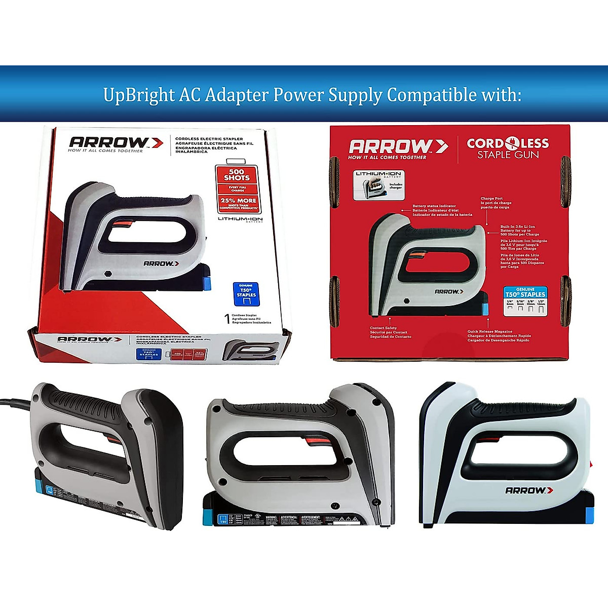 UpBright 5V AC/DC Adapter Compatible with Arrow Fastener T50DCD T50 DCD T-50 3.6V 1Ah 1000mAh Li-Ion Battery Cordless Staple Gun Electric Stapler T50DCDC 5VDC 1A Power Supply Cord Charger PSU w/Barrel