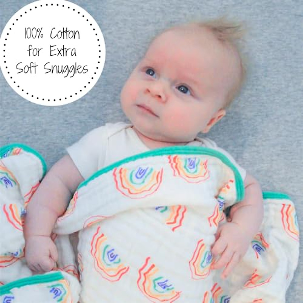 LollyBanks Muslin Baby Blanket, 100% Cotton Lightweight Muslin Quilt, 47 x 47 Inches 6 Layers Baby Blanket for Boys and Girls, Soft and Breathable Baby Quilt, Baby Essentials (Rainbow Print)