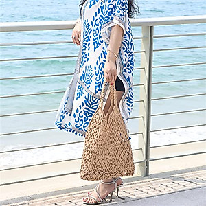 Oweisong Women Straw Travel Beach Bag Handmade Woven Fishing Net Handbag Tote Summer Weave Rattan Mesh Shoulder Purse