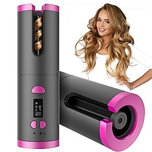 Curling Iron Automatic Cordless Hair Curler with 6 Temperature & Timer Settings, Portable Auto Shut-Off Rechargeable Curling Wand for Girls