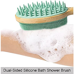 Silicone Body Scrubber with Long Handle, Dual-Sided Exfoliating Back Scrubber, 2 in 1 Bath Shower Brush for Dry and Wet - Green