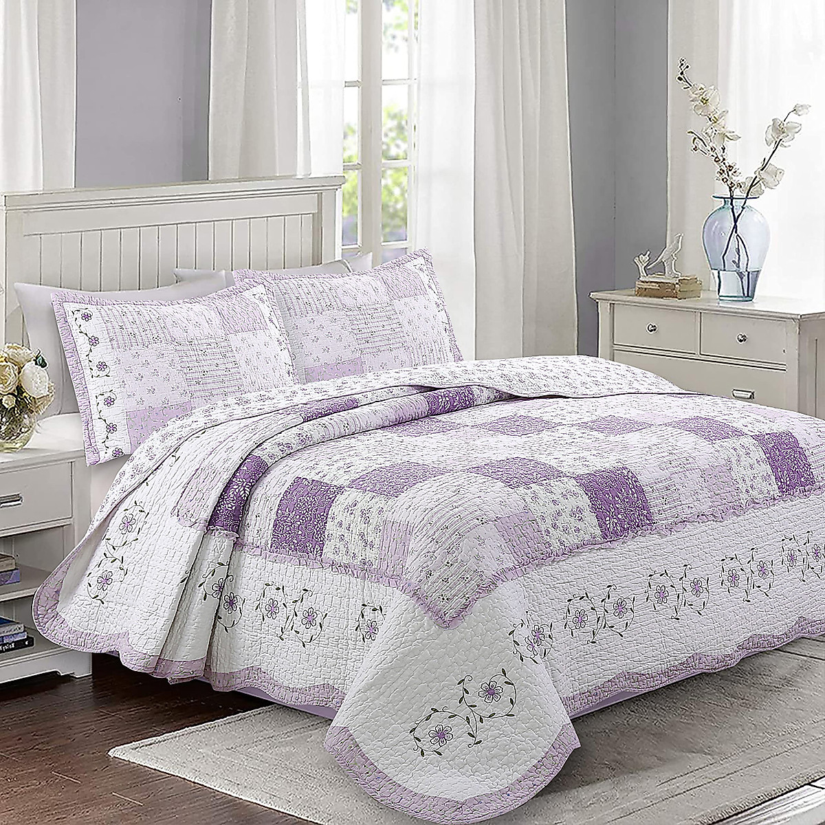 Cozy Line Home Fashions Love of Lilac Bedding Quilt Set, Light Purple Orchid Lavender Chic Lace Floral 100% Cotton Reversible Coverlet, Bedspread (Lilac, Twin - 2 Piece)
