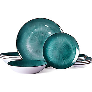 Bestone 12 Piece Round Kitchen Dinnerware Set,Plates and Bowls sets,Dishes, Plates, Bowls, Dish Set，Plates and Bowls,Service for 4, Chip Resistant Porcelain，Starburst Turquoise green