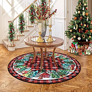 HEBE 4Ft Round Christmas Area Rug Non Slip Farmhouse Round Rug for Living Room Washable Soft Circle Rugs for Bedroom Christmas Round Floor Carpet for Dining Room Xmas Holiday Decor