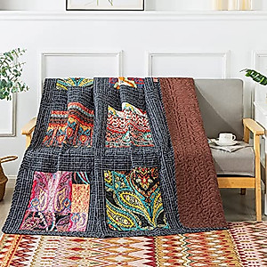 Travan Real Patchwork Quilted Throw Blanket Retro Cotton Blanket for Bed Couch Sofa (Lush Style, Throw Blanket), 60 x 78Inch